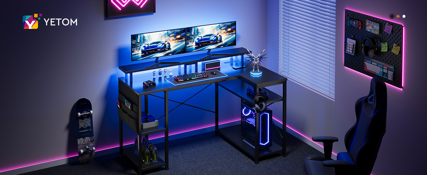 Amazon | YeTom ゲーミングデスク幅130cm l字デスク LEDライト付き pcデスクコーナーデスク 棚板高さ調節可能 収納袋付き L字型 PC 勉強机 ゲーミングテーブル 左右 ...