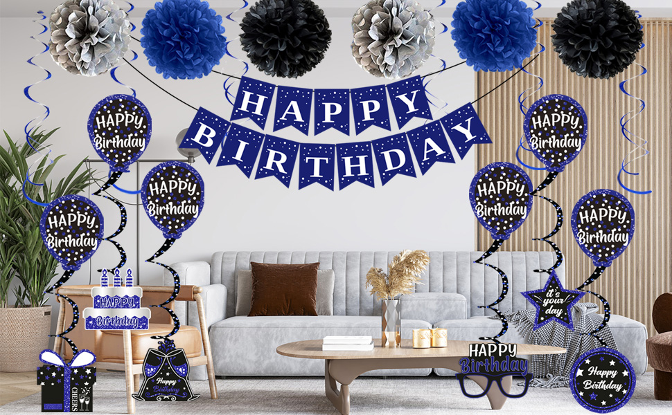 Amazon.com: Birthday Decorations Blue Black, Happy Birthday Party ...