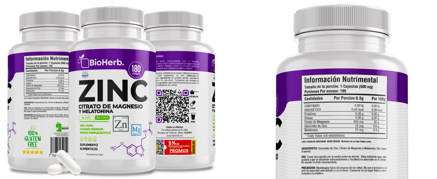 BioHerb Zinc y Magnesio Con Melatonina (180 Capsulas 500mg) | [Descanso profundo ...
