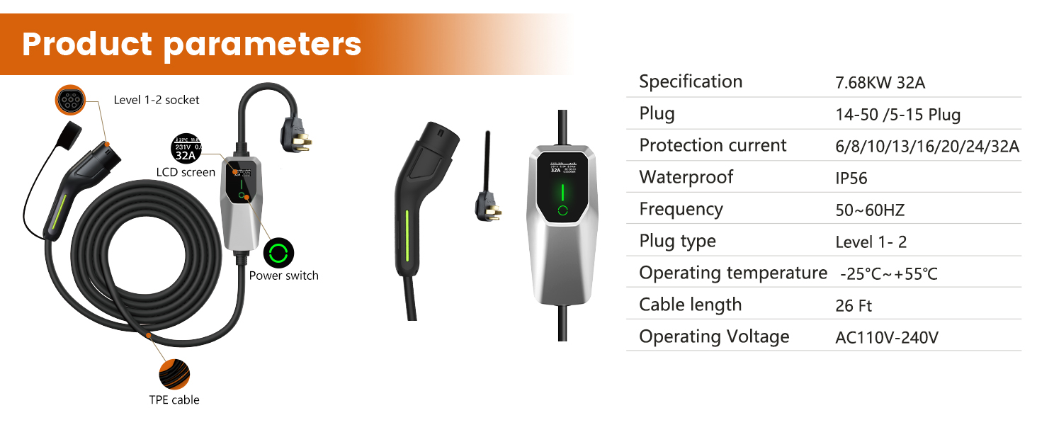 Amazon.com: Level 1 2 Electric Vehicle Charger 26ft EV Portable Charging Cable with NEMA 14-50/5 ...