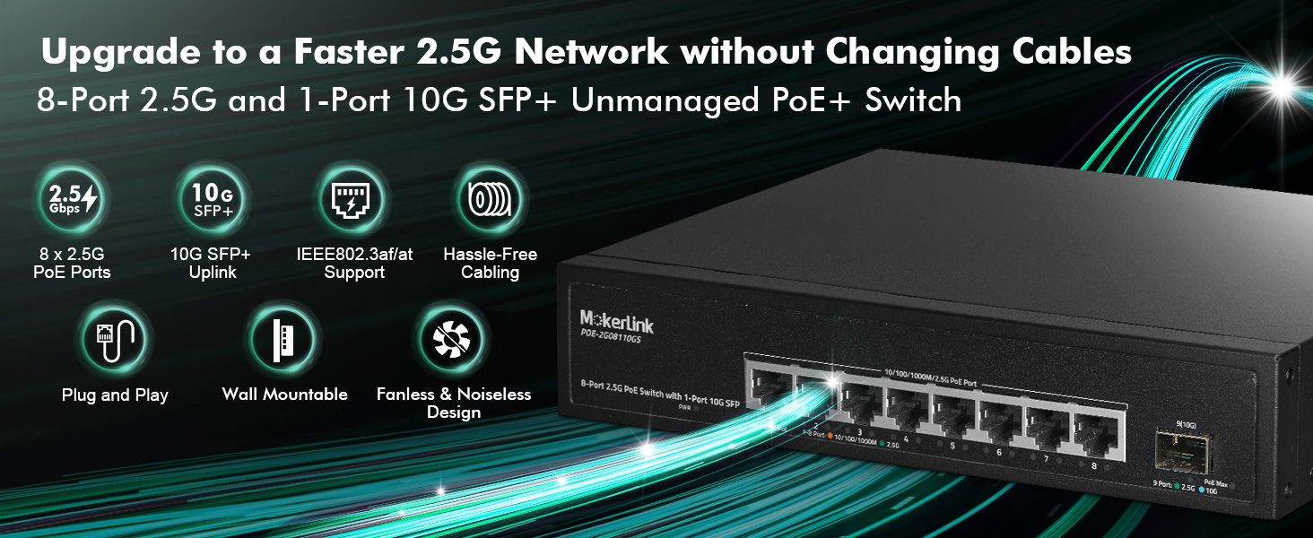 MokerLink 8 Port 2.5 Gigabit PoE Switch with 10G SFP, 8 x 2.5G Ethernet Ports, 8 Port PoE ...
