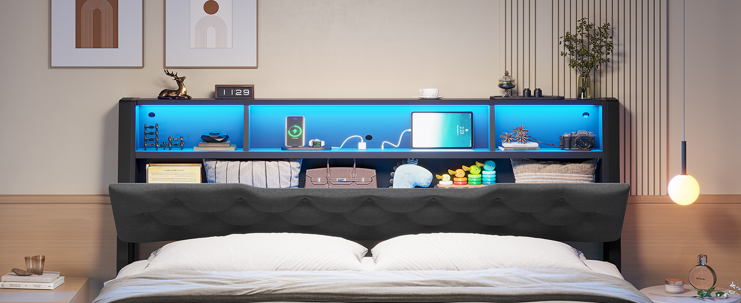 Amazon.com: HAUOMS Queen Bed Frame with Storage Headboard, Platform Bed Frame Queen Size with ...