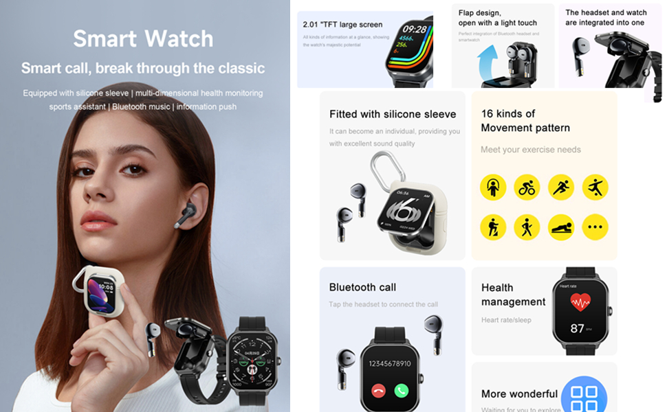 Amazon.com: D8Pro 2.01" TFT Smartwatch with Earbuds Smart Watch TWS Wireless Bluetooth Headset ...