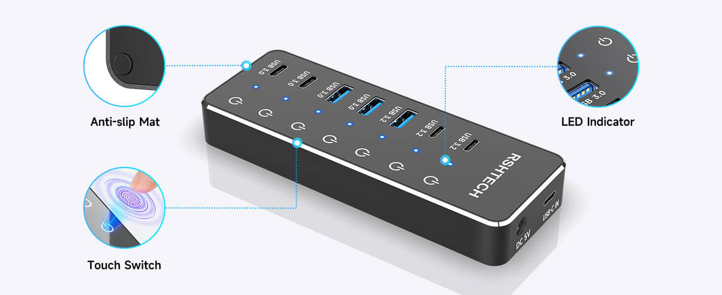 RSHTECH Powered USB Hub, 7-Port USB-C Hub Splitter with 3x 10Gbps USB 3 ...
