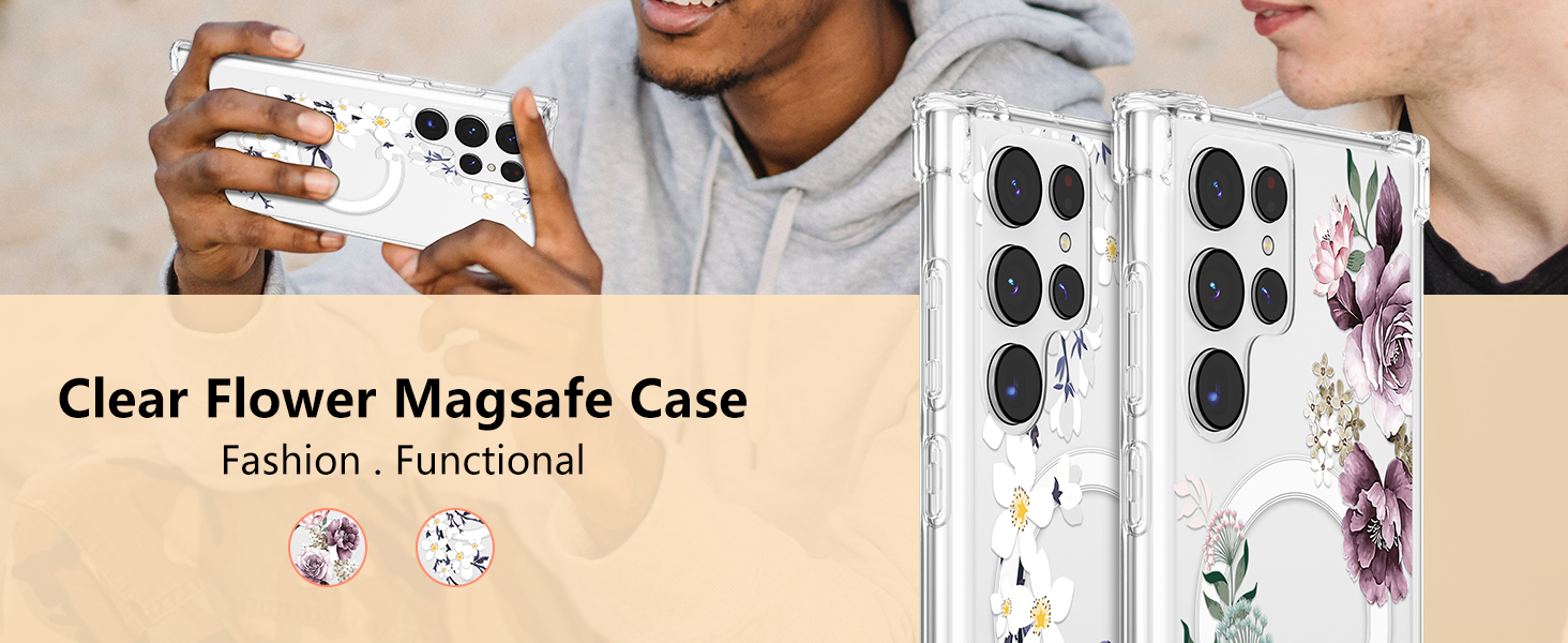 Amazon.com: DEFBSC Magnetic Case for Samsung Galaxy S22 Ultra [Work with Magsafe] Clear Floral ...