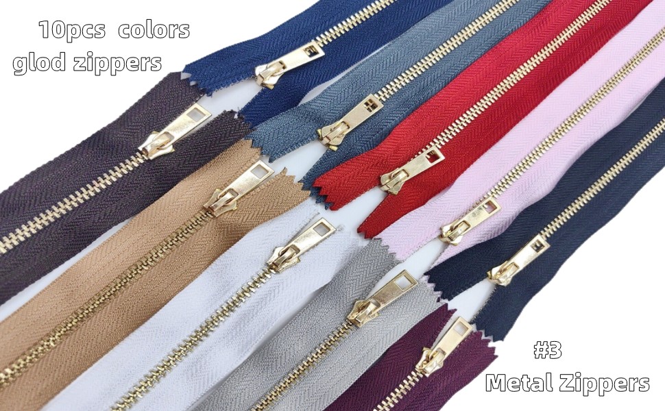 Amazon.com: Metal Zippers 10pcs #3 Close-end Non-Separating Zippers Golden Plated Bulk 10Colors ...