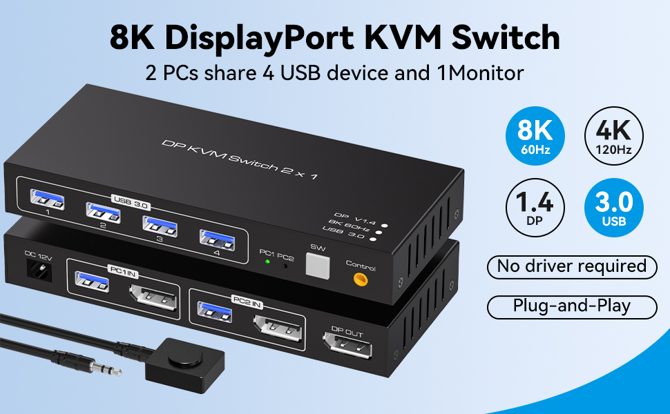 Displayport KVM Switch 1 Monitors 2 Computers Support 8K@60Hz 4K@120Hz ...
