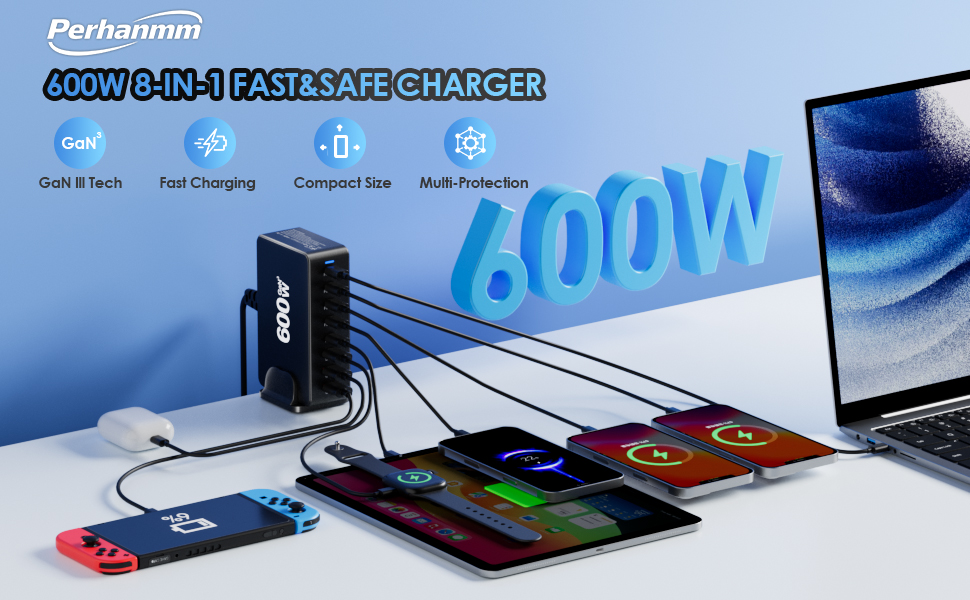 Amazon.com: 600W USB C Fast Charger Block, 8 Port Charging Station, GaN Ⅲ Multi Port Charging ...