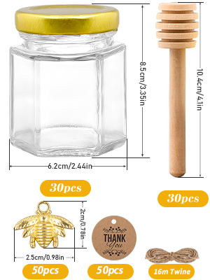6 oz Hexagon Glass Honey Jars -30Pack Honey Jars with Wood Dipper, Gold Lid- Perfect for Baby ...