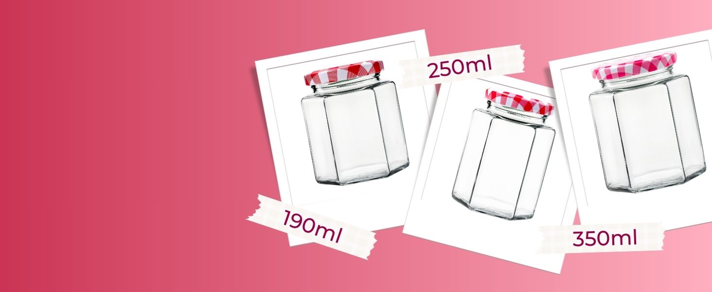 volila Jam Jars with Lids - Hexagonal Jar with Red Gingham Screw Top Lids – Airtight Glass Jar ...
