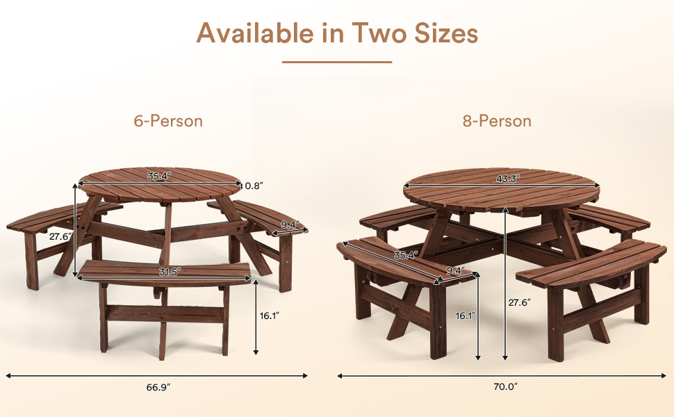 Amazon.com : Zevemomo 8 Person Wood Picnic Table, Round Tabletop with Umbrella Hole, 4 Built-in ...