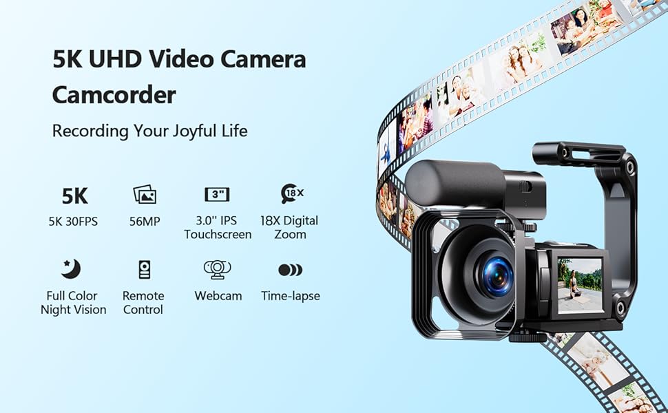Video Camera Camcorder 5K 56MP YouTube Camera WiFi IR Night Vision 3” 270° Rotatable Touchscreen ...