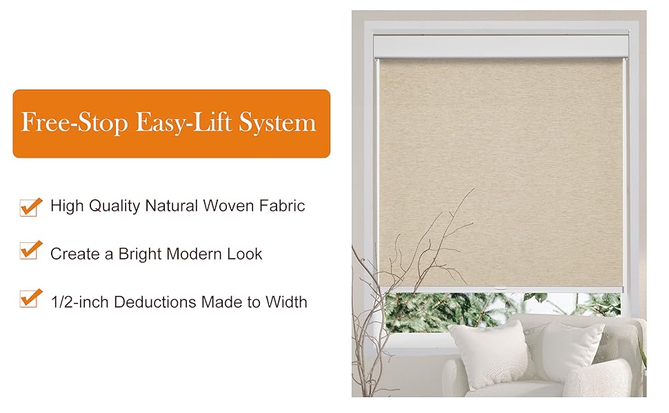 Persilux Custom Size Free-Stop Shades with Valance, Natural Woven Cordless Blinds, Light ...