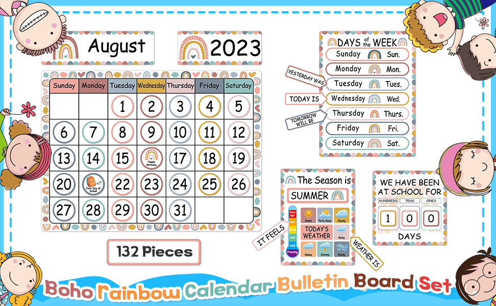 Amazon.com : 132 Pieces Boho Rainbow Calendar Bulletin Board Set with ...