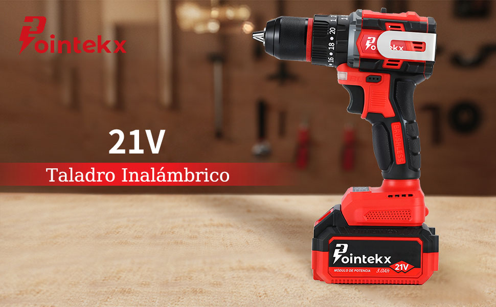 POINTEKX Taladro Inalámbrico Atornillador 21V, 55N.m Taladro Motor sin Escobillas, Ajuste de Par ...