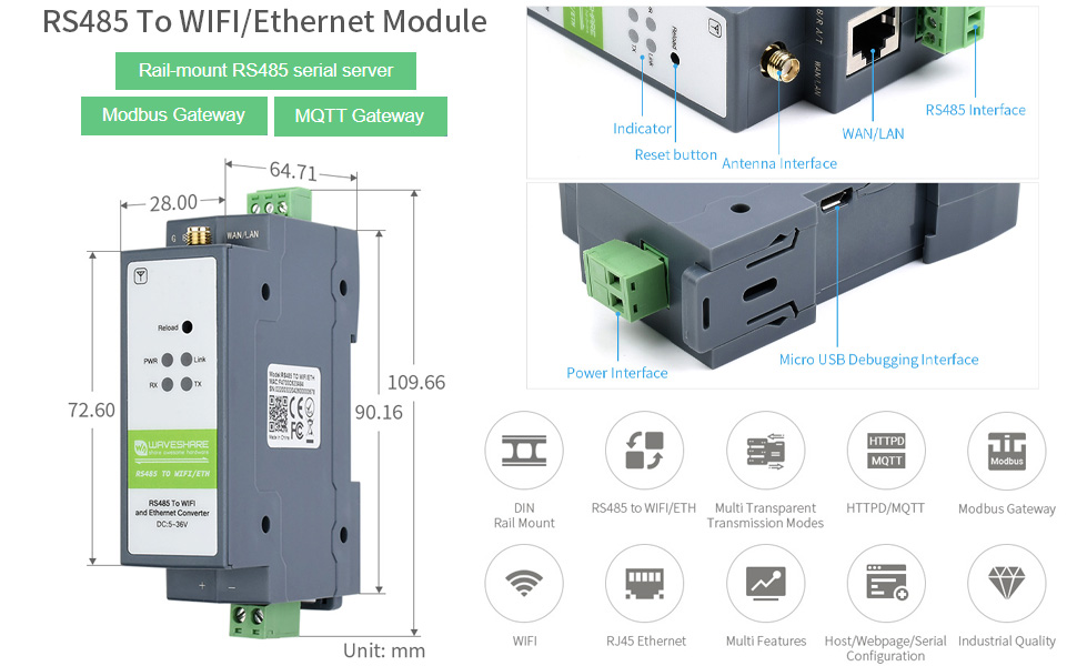 Amazon.com: Waveshare RS485 to WiFi/Ethernet Module Rail-Mount Serial Server Modbus MQTT Gateway ...