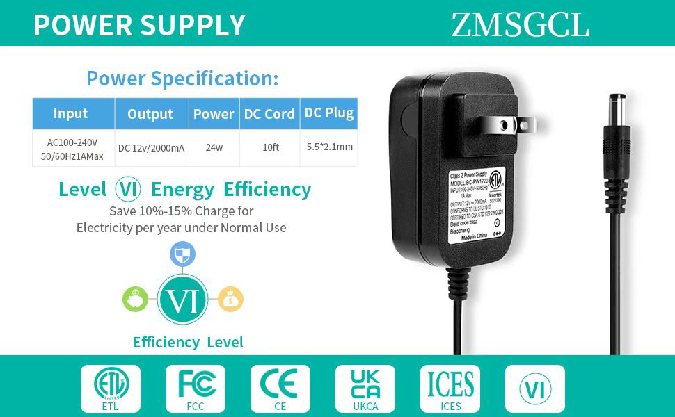 12V 2A 24W Power Supply Adapter ETL Listed AC to DC (Input 100-240V, Output 12 Volt 2amp), 10 ...