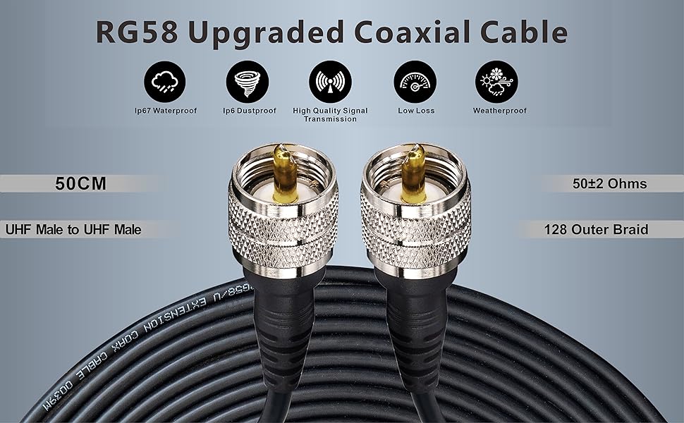 Boobrie Upgraded PL259 50CM CB Radio Extension 50ohms RG58 Coaxial Cable UHF PL-259 to PL-259 ...