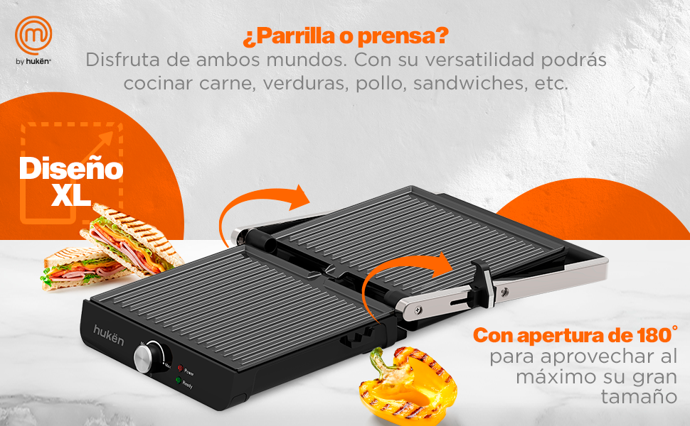 Hukën x MasterChef | Parrilla Panini Grill+ 2 en 1 | Prensa Eléctrica y Plancha Antiadherente ...