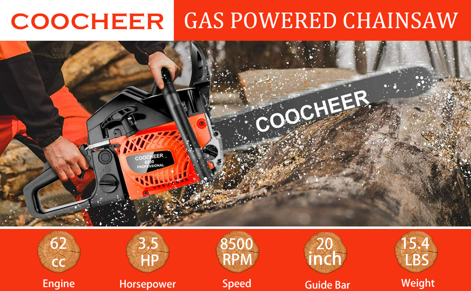 Amazon.com : COOCHEER 62CC Gas Chainsaw 20 Inch Power Chain Saw with 2 Saw Chains 2-Cycle 3.5 HP ...