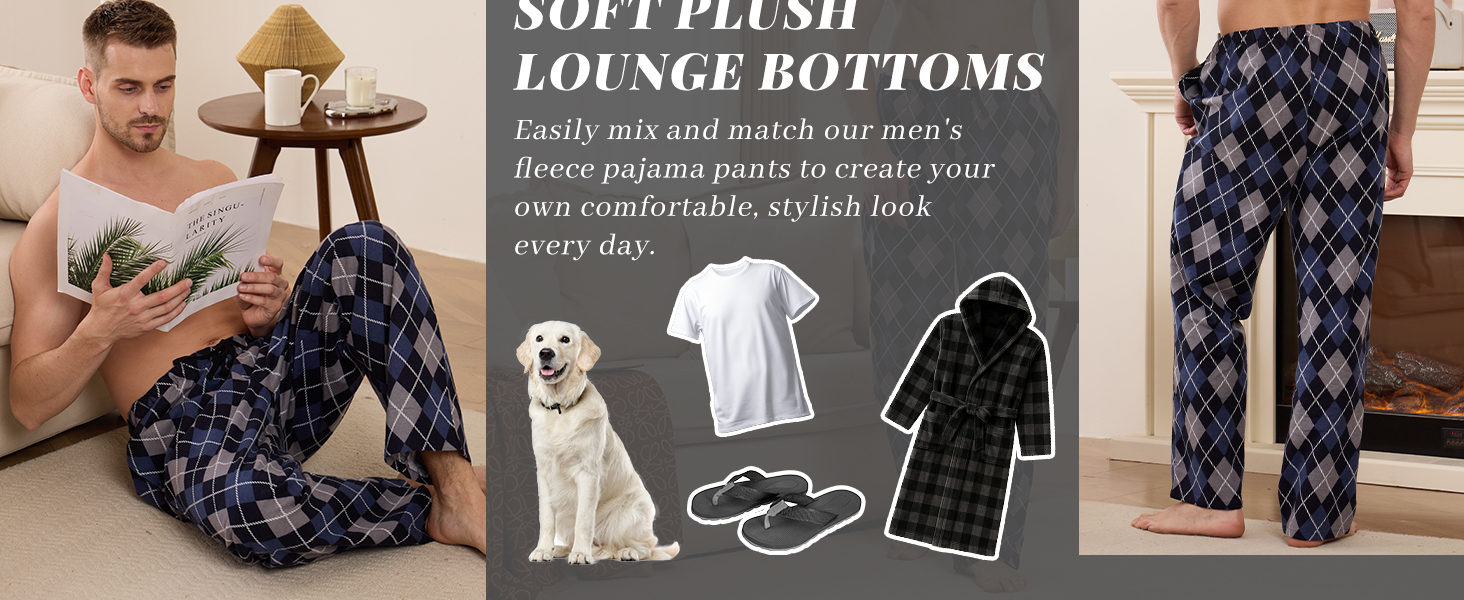 Vulcanodon Mens 100% Cotton Pajama Pants Fleece Plaid Bottoms with Pockets and Button Fly (blue ...