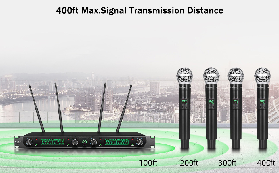 MicrocQueen UHF Wireless Microphone System, with 4 Handheld Mics, Metal Build, Fixed Frequency ...