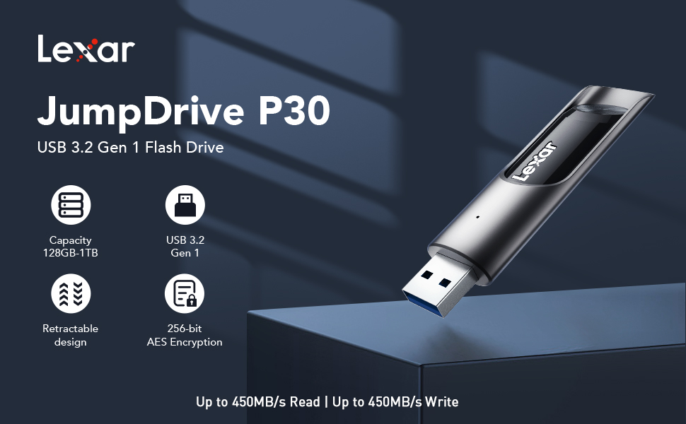 Lexar JumpDrive P30 USB 3.2 Gen 1 Flash Drive 256GB, USB stick for USB3.0/2.0, Up To 450MB/s ...