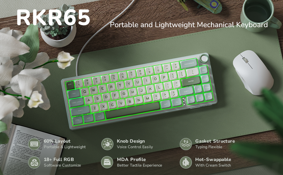 RK ROYAL KLUDGE R65 Teclado mecánico con cable, 60% cremoso para juegos, montaje en junta RGB ...