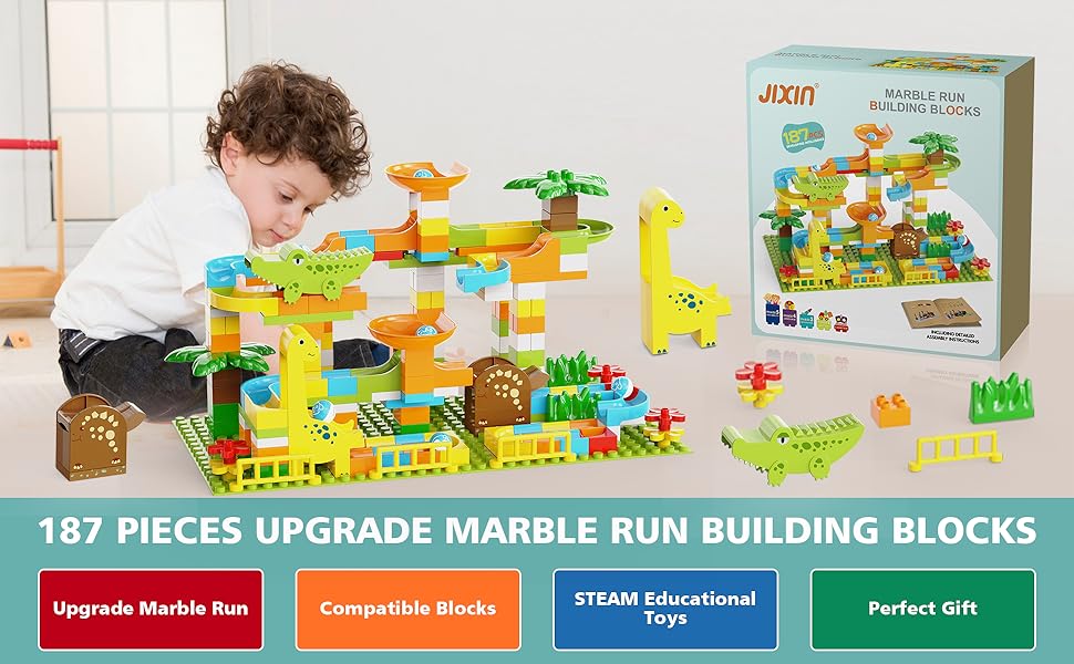 Amazon.com: JIXIn Dinosaur Marble Run Building Blocks 187Pcs/ Compatible with Lego DUPLO - Fun ...