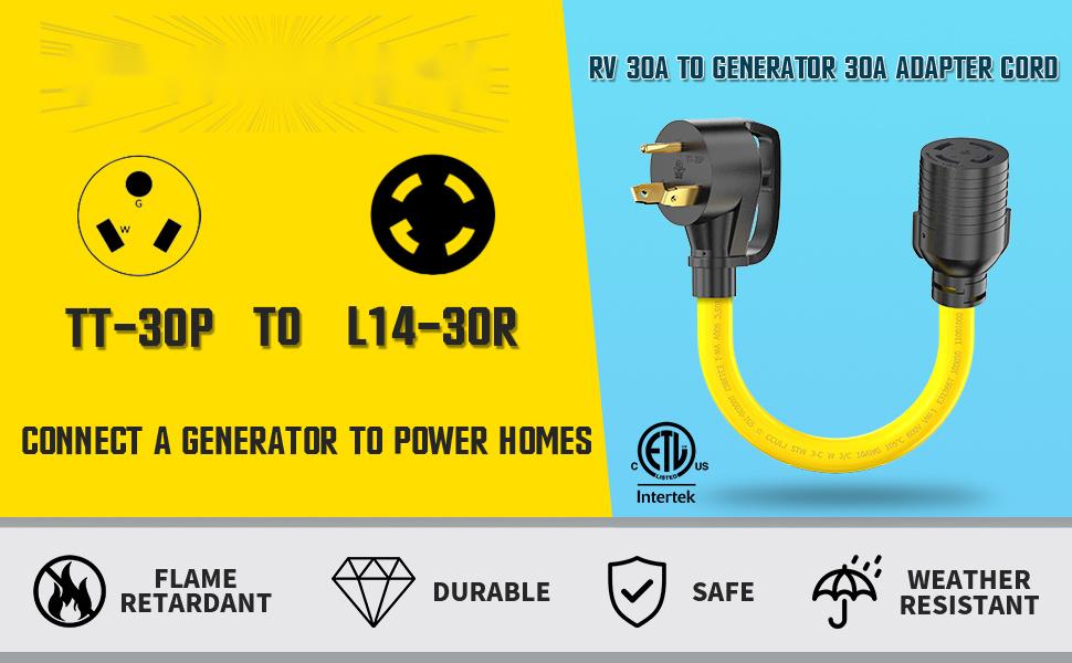 LudoPam NEMA TT-30P to L14-30R RV Generator Adapter Cord,10AWG 30 Amp 3 Prong to 4 Prong ...