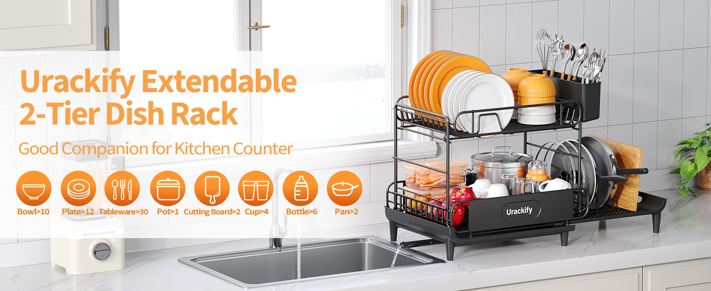 Amazon.com: Urackify Dish Drying Rack for Kitchen Counter, Expandable 2 Tier Dish Rack, Large ...