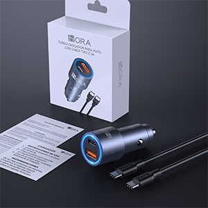 1 Hora Cargador Auto Carga Rapida 38W, Cargador Carro Tipo C PD 20W y QC 3.0 18W con Cable USB C ...
