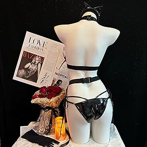 Amazon.co.jp: [SENMHS] 猫耳SMメイド セクシーコスプレ 胸空きPUレザーボディコン 拘束調教キャット 過激エロかわ 7点セット（カチューシャ・トップス・Tバック・手袋 ...