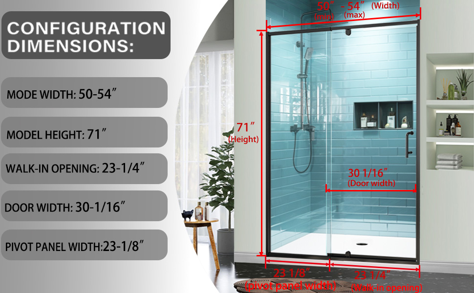 GroGro 50-54" W x 71" H Semi-Frameless Pivot Swing Glass Shower Door,with 1/4"(6mm) Clear SGCC ...