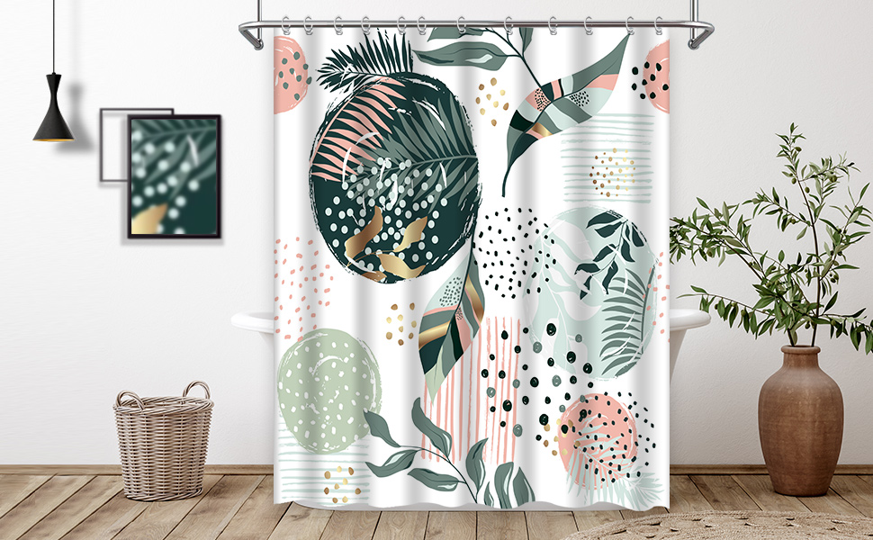 Amazon.com: loyapobo Green Shower Curtain Boho Tropical Leaves Abstract Mid Century Pink Gold ...