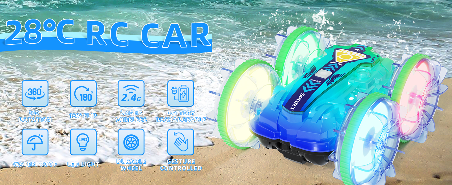 Amazon.com: 28°C Amphibious Remote Control Car, 4WD Waterproof RC Stunt Car Toys with LED Lights ...