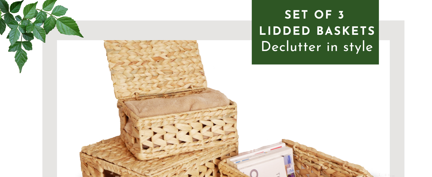 Amazon.com: Chi An Home Wicker Storage Baskets with Lids, Set of 3 Lidded Hyacinth Baskets for ...