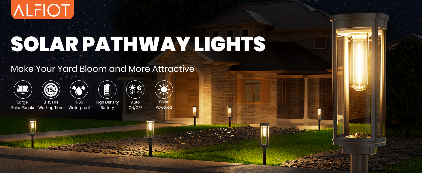 ALFIOT Solar Pathway Lights Outdoor Warm White 8-Pack Waterproof IP65, Auto On/Off Solar Powered ...