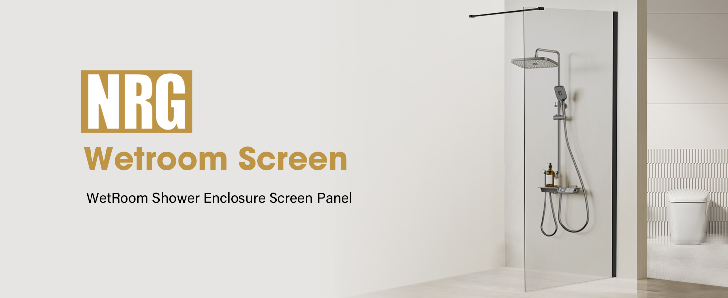 NRG 800 x 1950mm Bathroom Wet Room Screen Panel 8mm Black Grid Easy Clean Glass Black Framed ...