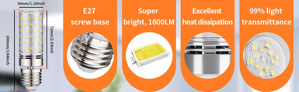 Tomosu E27 LED Corn Bulb Cool White 6000K 1600LM, 16W E27 Screw Bulb Equivalent to 100W ...