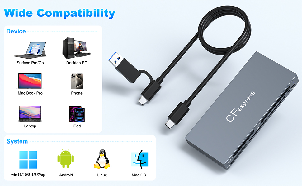 Amazon.com: 8 in 1 CFexpress Type B Card Reader, 10Gbps Multi CF ...