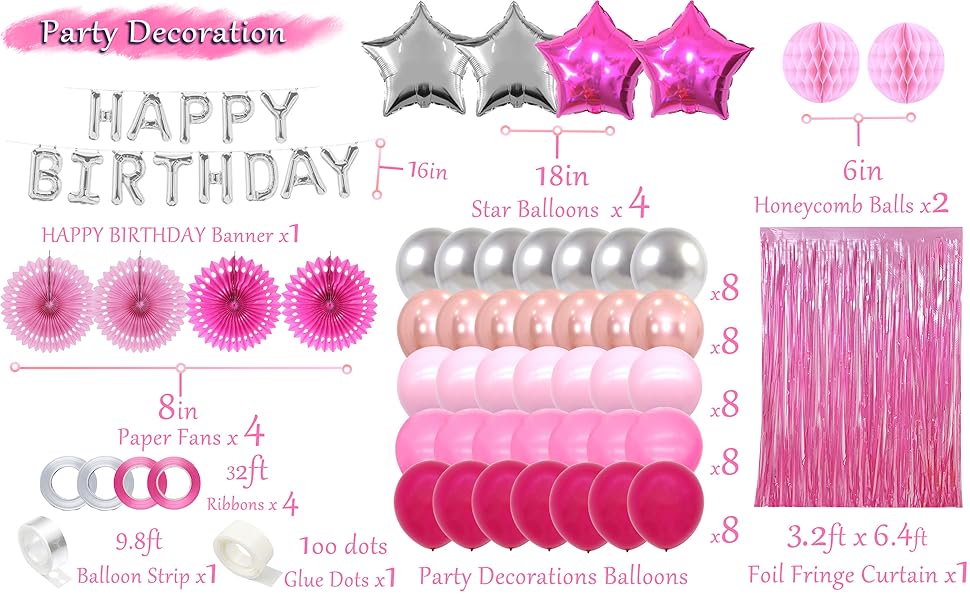 Amazon.com: Pink Birthday Decorations Hot Pink Party Supplies Silver Happy Birthday Banner Pink ...