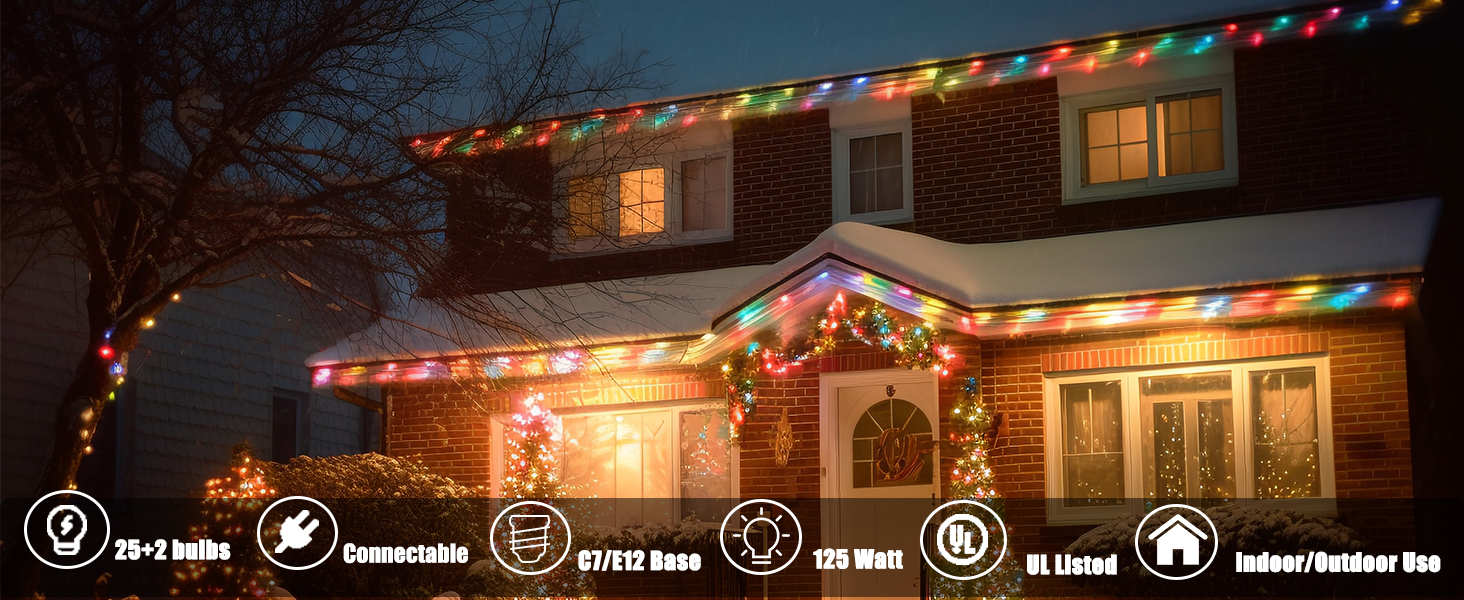 C7 Christmas Lights Outdoor, 25Ft Vintage Christmas String Lights with ...