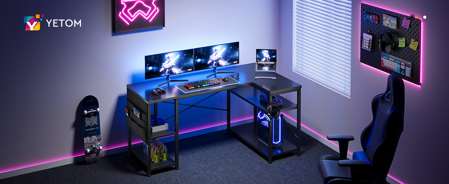 Amazon | YeTom ゲーミングデスク l字デスク机pcデスク幅130cm パソコンデスク勉強机学習机 左右入替可棚板高さ調節可能 収納袋付き オフィスデスク ワークデスク黒い ...