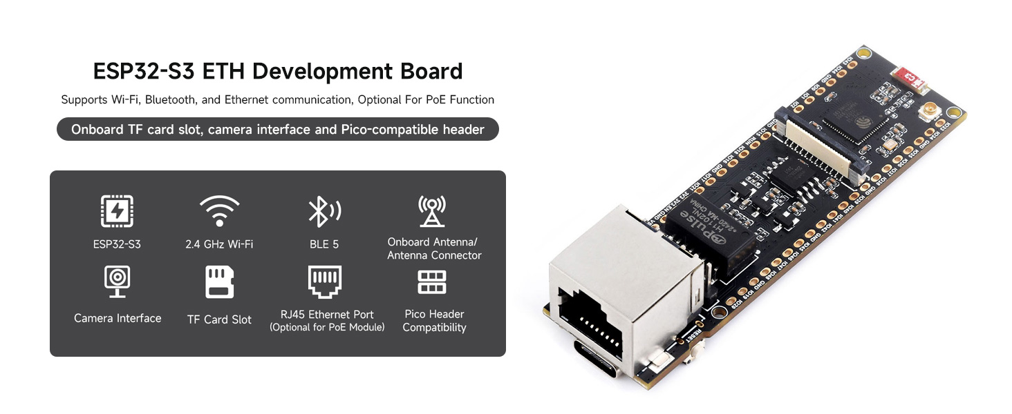Waveshare ESP32-S3 ETH Development Board, 10/100Mbps RJ45 Ethernet Port, W-Fi & Blue-T Support ...