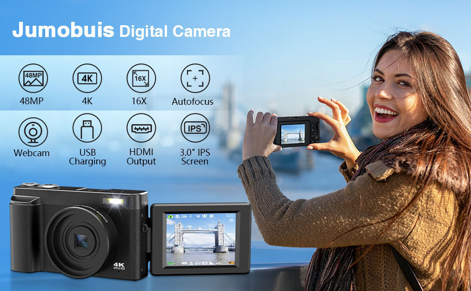 Digital Camera,Jumobuis 4K 48MP Autofocus Vlogging Camera with 32G Memory Card 16X Digital Zoom ...