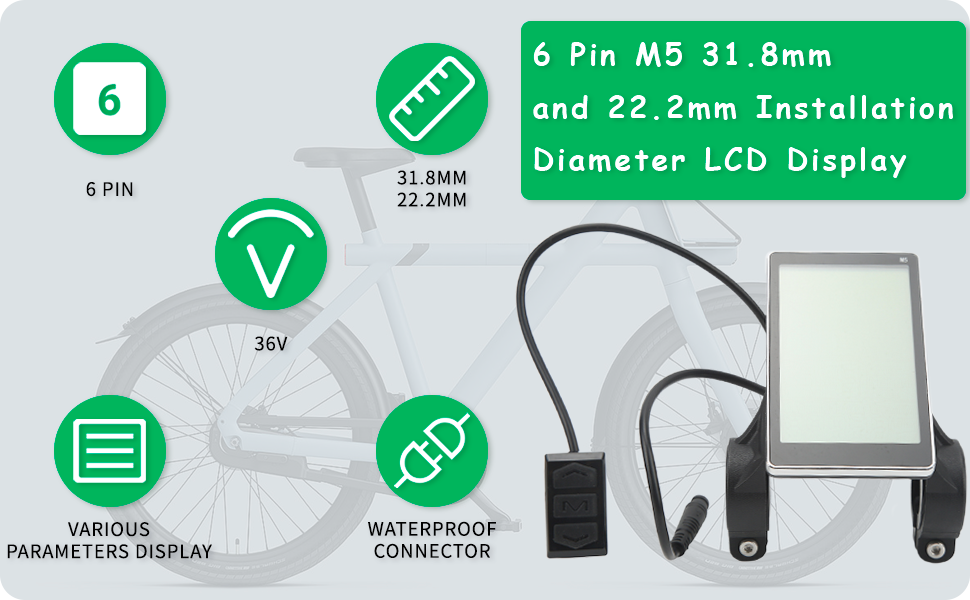 Amazon.com : Gugxiom Electric Bike LCD Display, 6 Pin M5 31.8mm and 22 ...