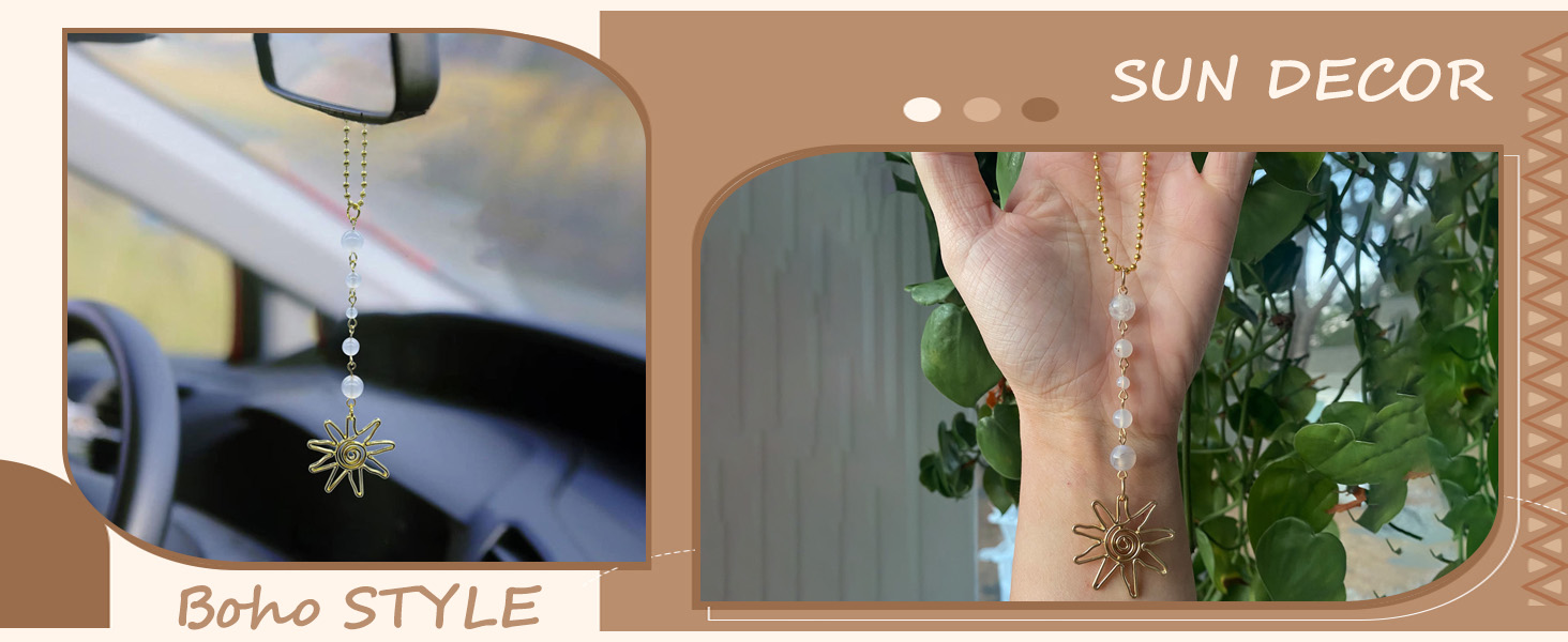 Amazon.com: Sun Hanging Car Charm,Green and Gold Rear View Mirror Accessories Cute Boho Dangling ...