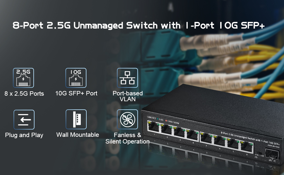 Binardat Switch 8 Porte 2,5G con Porta SFP+ 10G, 8 Porte RJ-45 Base-T da 2,5 Gigabit, Switch ...