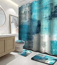 Amazon.com: Lnond 4Pcs Bathroom Sets with Shower Curtain and Rugs, Blue Orange White Abstract ...